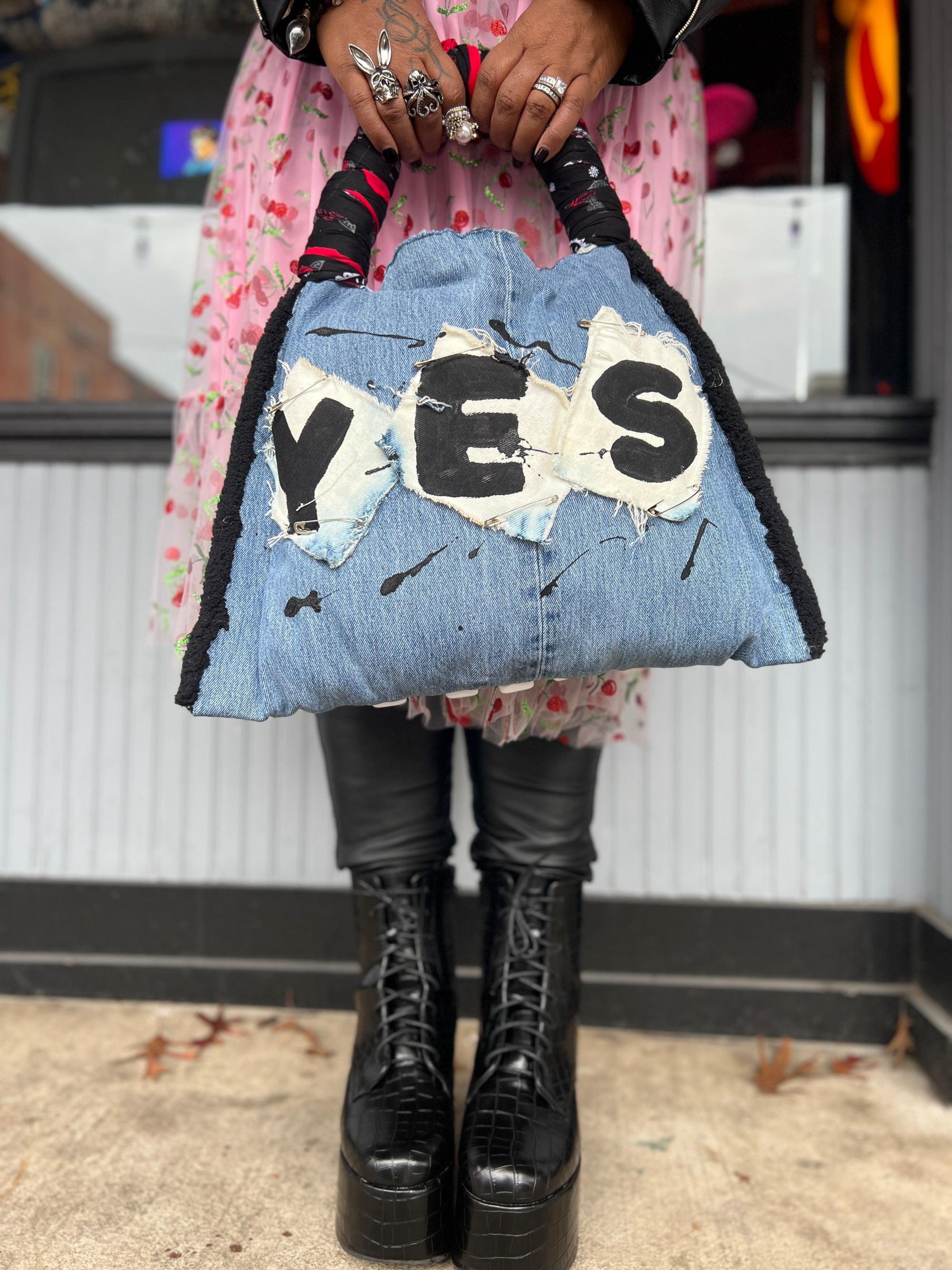 Funky Grunge Yes Dominoes Upcycled Denim Jean Bag - Funky Grunge Boutique